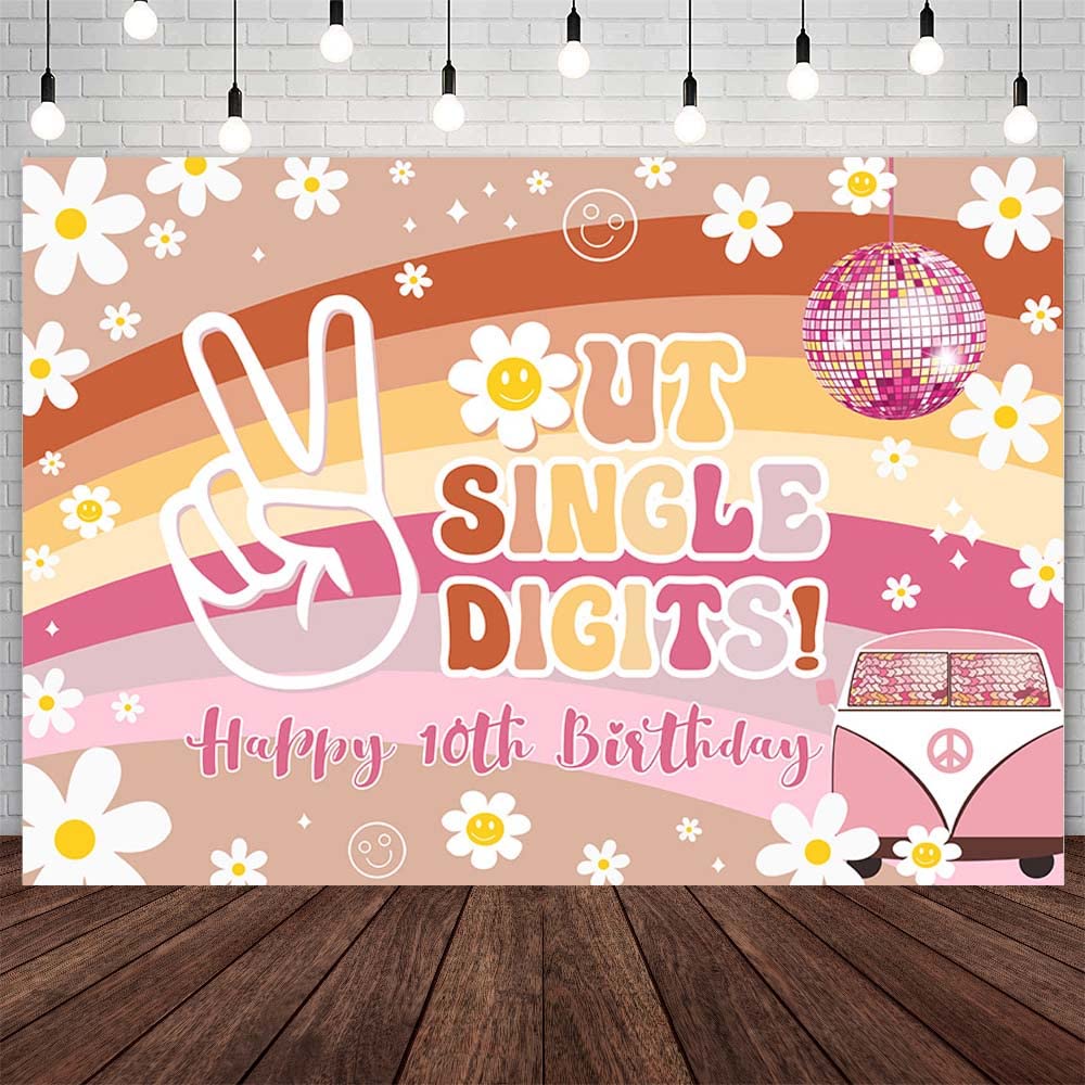 AIBIIN 8x6ft Out Single Digits Backdrop Happy 10th Birthday Party Decorations Boho Rainbow Vintage Disco Daisy Floral Birthday Cake Table Banner Photo Booth Props