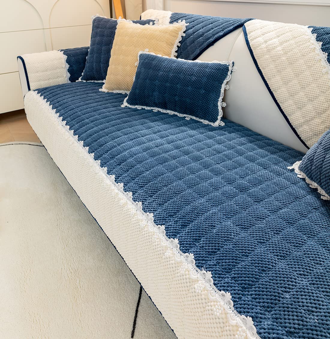 vctops Soft Corduroy Sofa Couch Cover, Plaid Sectional Couch Covers, Non-Slip Sofa Slipcover for Dogs Cats Kids(Navy,36"x47")