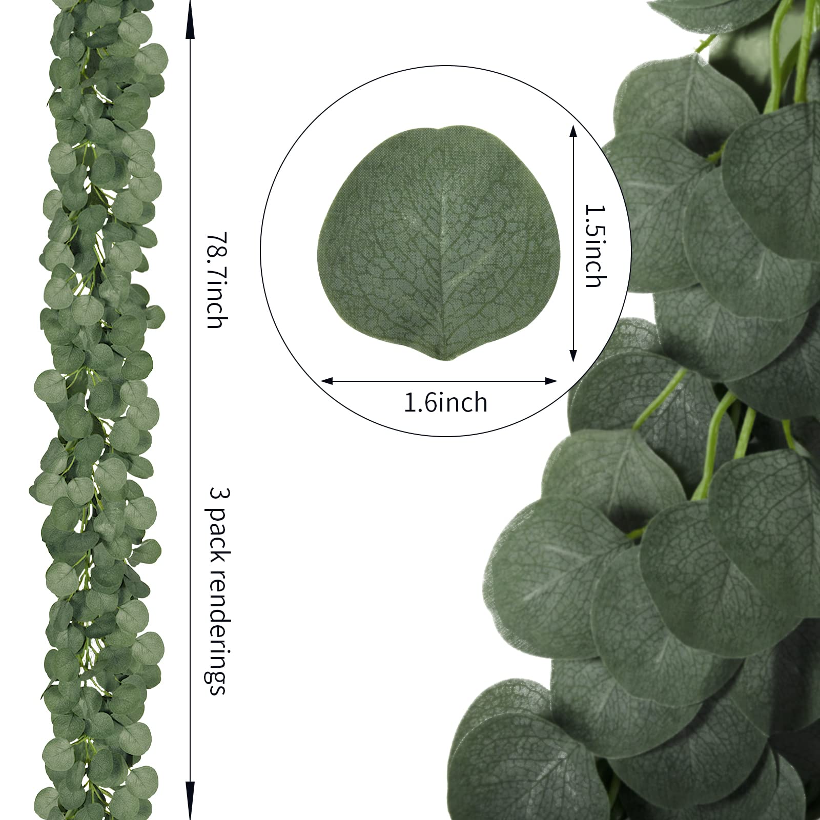 CQURE 6Pcs Eucalyptus Garland,Artificial Eucalyptus Leaves Table Greenery Garland Wreath Vines for Wedding Party Fireplace Bedroom Wall Room Decor