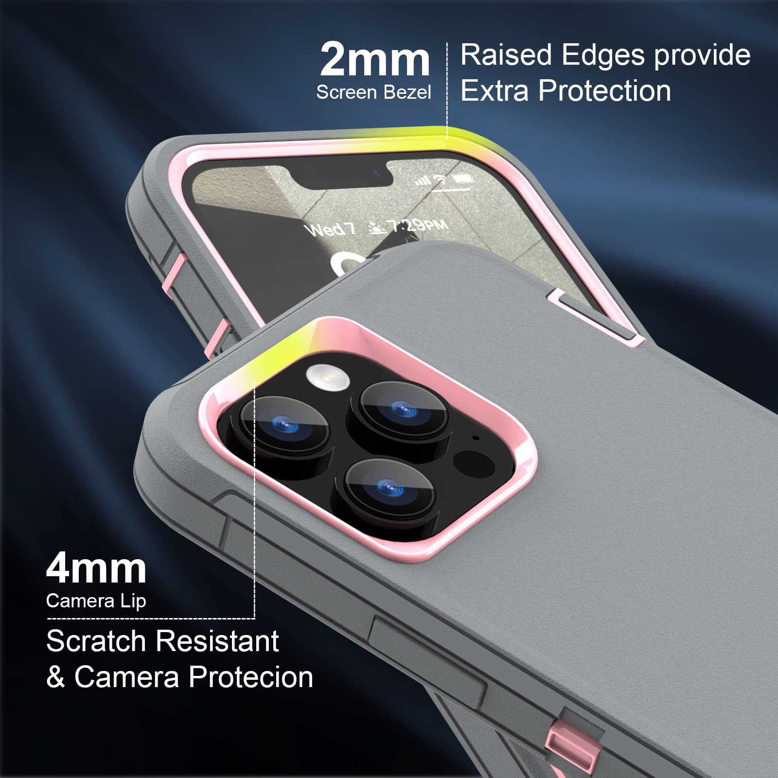For iPhone 13 Pro Max Case , iPhone 12 Pro Max Case, Heavy Duty Shockproof 3 in 1 Silicone Rubber Hard PC Rugged Durable Phone Cover for iPhone 12 Pro Max &13 Pro Max Phone 6.7 Inch. (Gray/Pink)