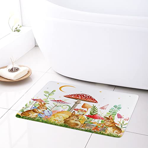 LB Easter Bathroom Rug Cute Rabbit Colorful Egg Bath Mat Red Mushroom Green Plant White Doormat Non Slip Memory Foam Super Absorbent Floor Mats,24x16 Inch