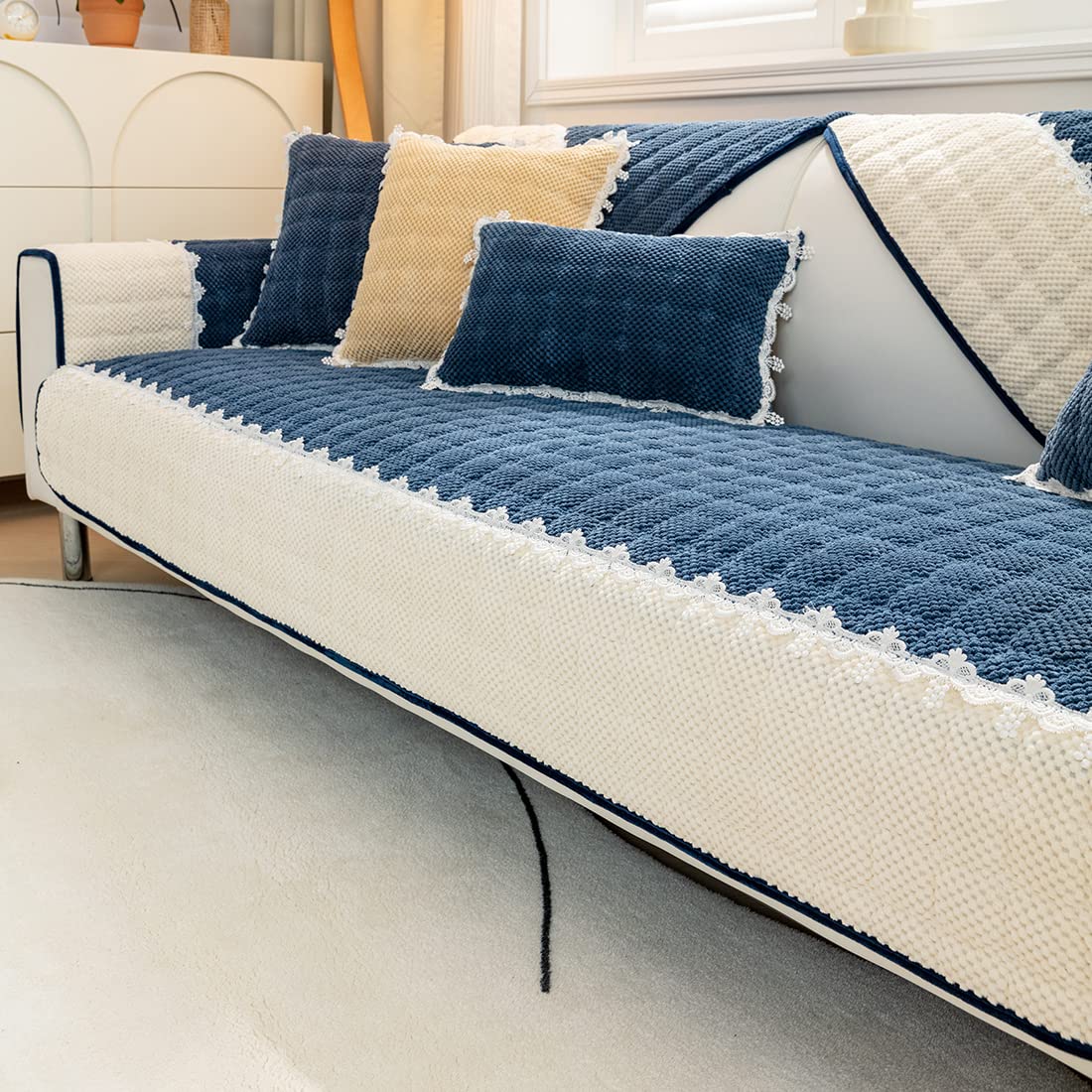 vctops Soft Corduroy Sofa Couch Cover, Plaid Sectional Couch Covers, Non-Slip Sofa Slipcover for Dogs Cats Kids(Navy,36"x47")