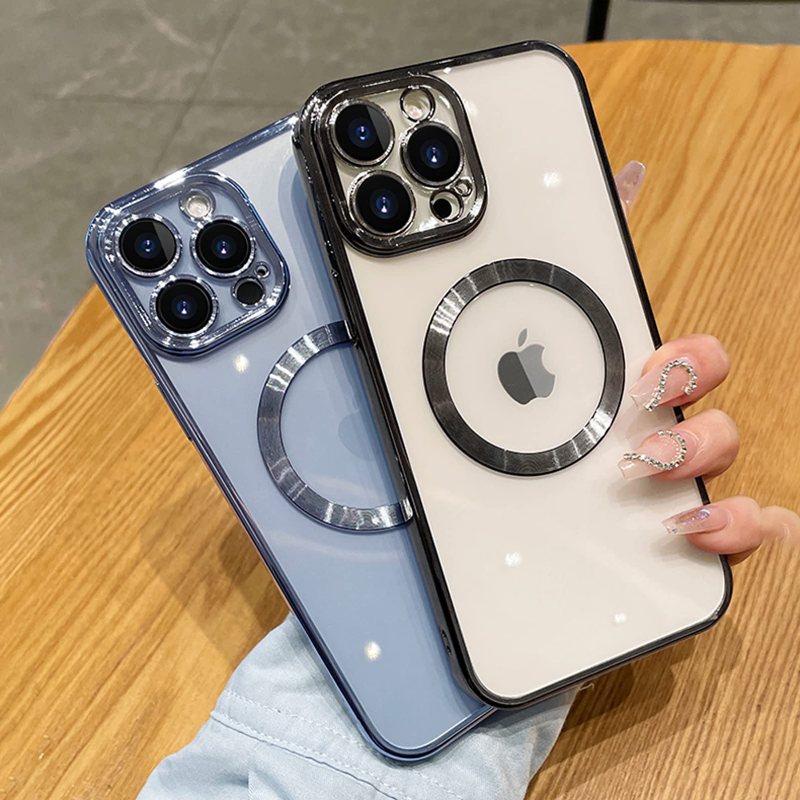 Uioeua Compatible with iPhone 13 Pro Max Magnetic Clear Case,Luxury Plating Bling Transparent Shockproof MagSafe Case with Full Camera Lens Protector for iPhone 13 Pro Max Women Girl Men-Sky Blue