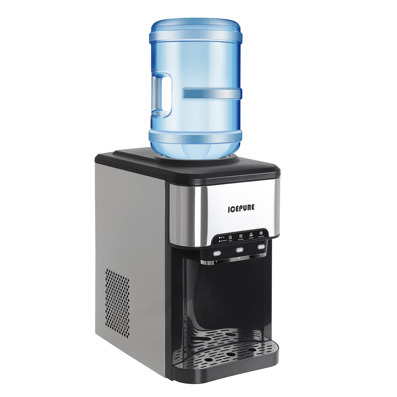 ICEPURE 3-in-1 Ice Maker with Water Cooler Dispenser, Top Loading, Quick Make hot, Cold Water & Bullet-Shaped ice Cube, 44lbs/24hrs, Countertop for Home/Office/Dormitorhoury, Silver