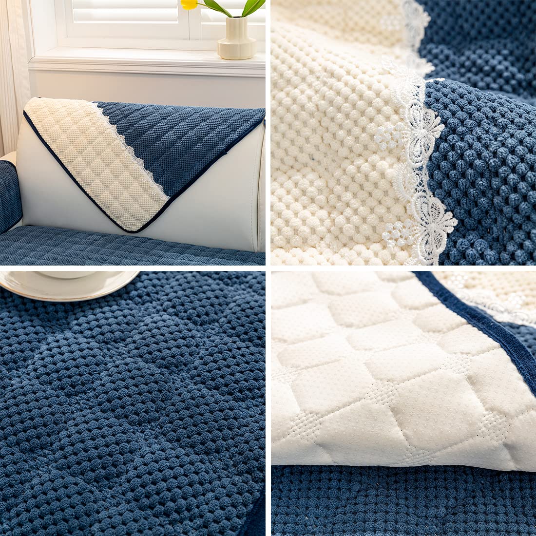vctops Soft Corduroy Sofa Couch Cover, Plaid Sectional Couch Covers, Non-Slip Sofa Slipcover for Dogs Cats Kids(Navy,36"x47")