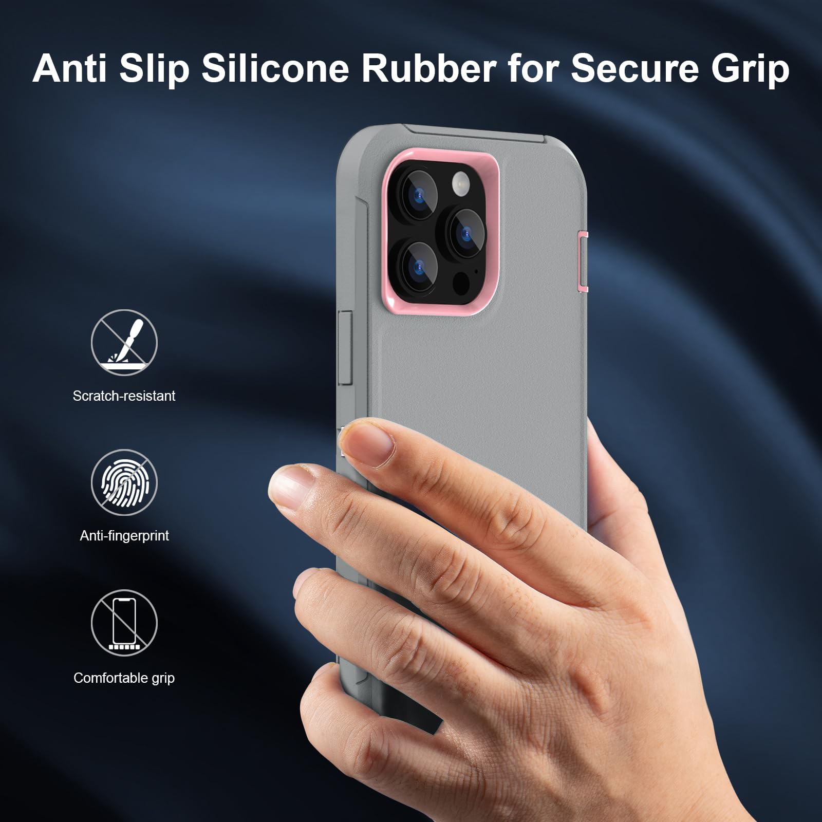 For iPhone 13 Pro Max Case , iPhone 12 Pro Max Case, Heavy Duty Shockproof 3 in 1 Silicone Rubber Hard PC Rugged Durable Phone Cover for iPhone 12 Pro Max &13 Pro Max Phone 6.7 Inch. (Gray/Pink)