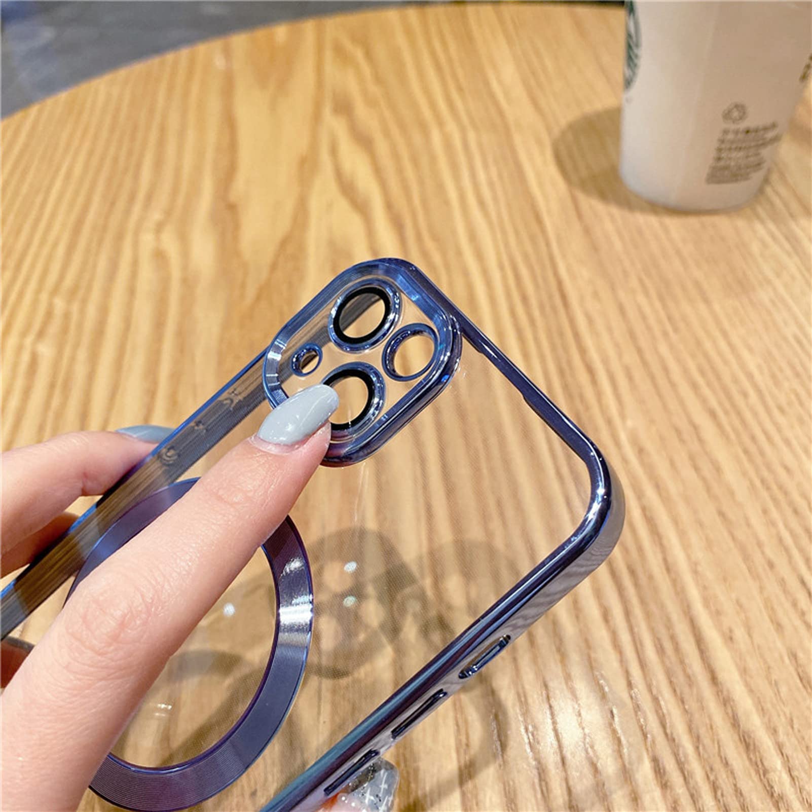 Uioeua Compatible with iPhone 13 Pro Max Magnetic Clear Case,Luxury Plating Bling Transparent Shockproof MagSafe Case with Full Camera Lens Protector for iPhone 13 Pro Max Women Girl Men-Sky Blue