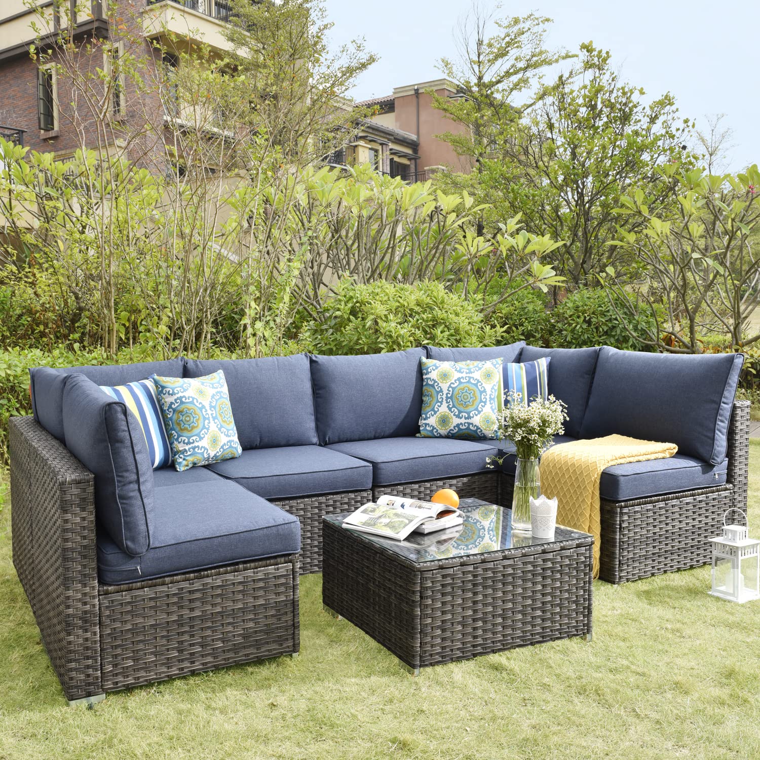 XIZZI Patio Furniture Outdoor Sectional Sofa 7 Piece All Weather PE Rattan Wicker Conversation Sets with Coffee Table for Backyard Deck Garden,Denim Blue