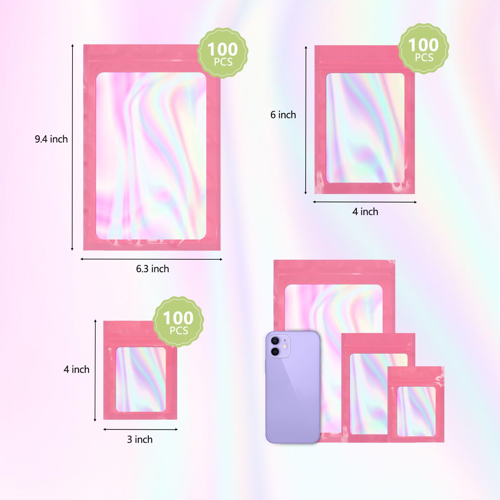 100PCS Smell Proof Mylar Bags Holographic Packaging Pouch Bag with Clear Window,3x4inch Resealable Ziplock Foil Pouch Bags for Food Storage, Candy, Jewelry, Electronics Storage (Pink)