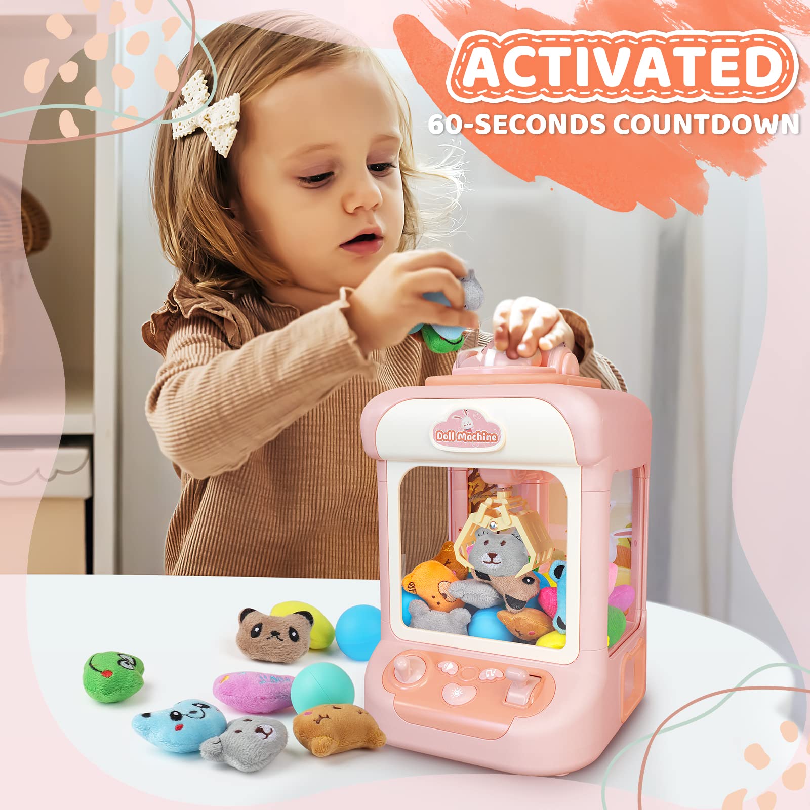 deAO Kids Claw Machine with Music, Mini Vending Machine with 20 Plush Toys,10 Gashapons,Mini Claw Machine Crane Game Toys Candy Machine for 3+ Kids Girls Boys
