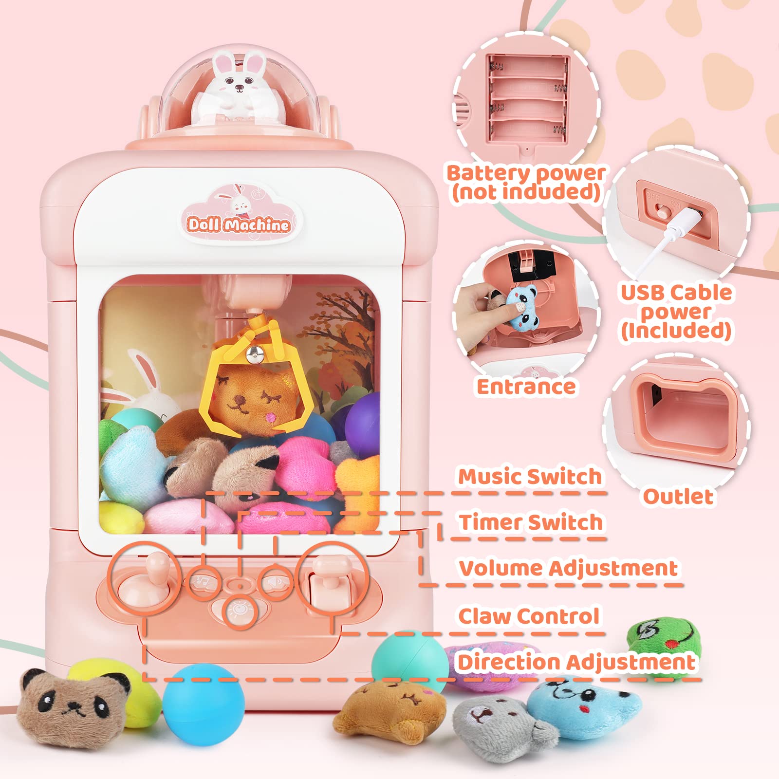 deAO Kids Claw Machine with Music, Mini Vending Machine with 20 Plush Toys,10 Gashapons,Mini Claw Machine Crane Game Toys Candy Machine for 3+ Kids Girls Boys