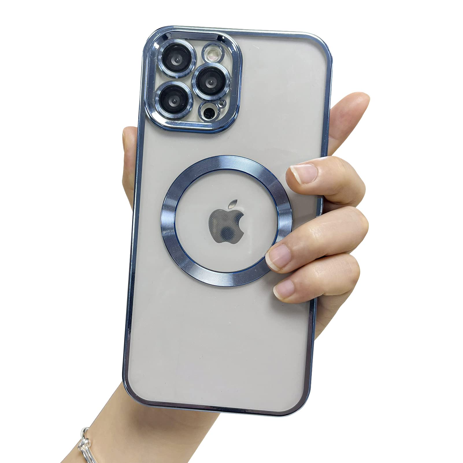 Uioeua Compatible with iPhone 13 Pro Max Magnetic Clear Case,Luxury Plating Bling Transparent Shockproof MagSafe Case with Full Camera Lens Protector for iPhone 13 Pro Max Women Girl Men-Sky Blue