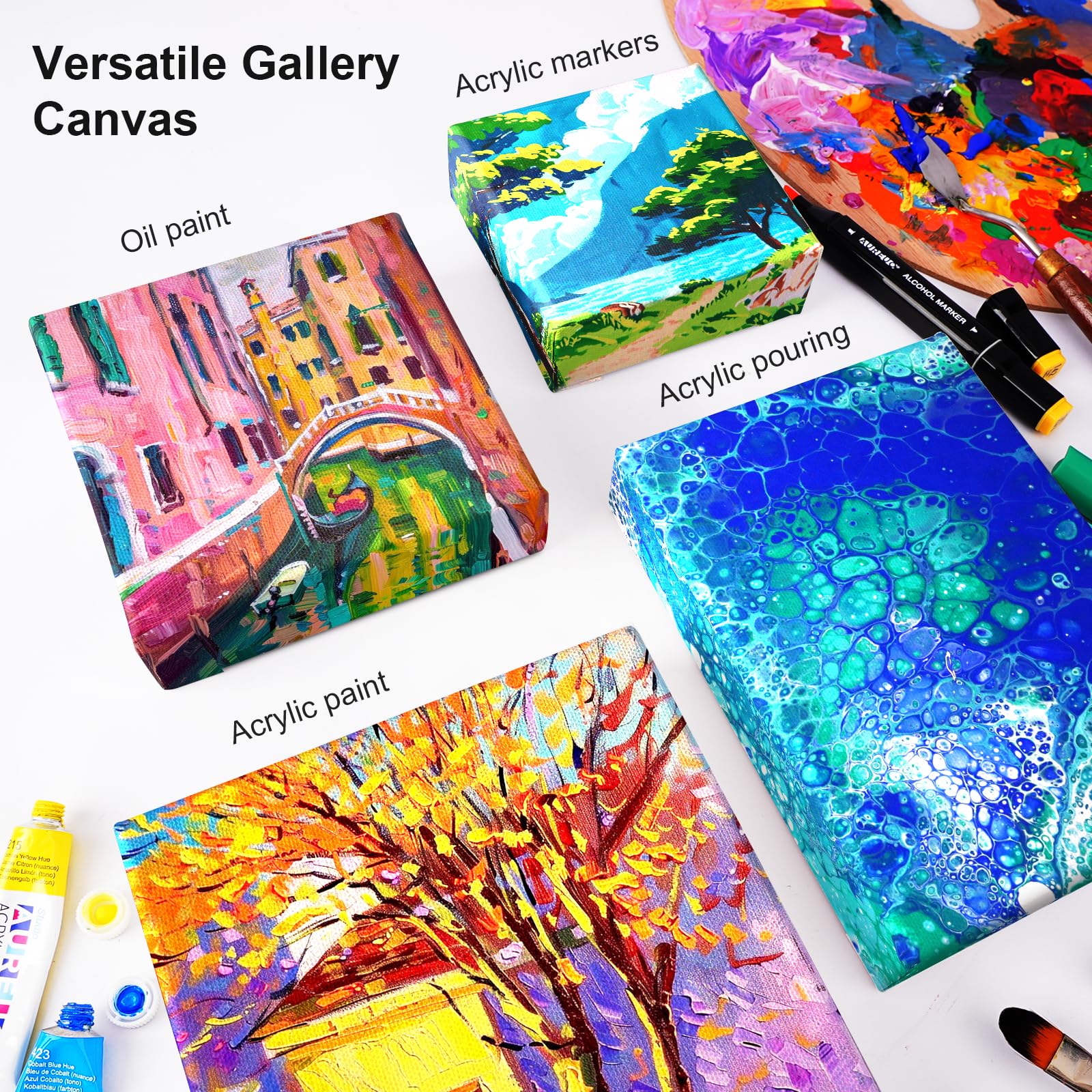 AUREUO 6x6 Inch Gallery Wrapped Canvas - 1.5 Inch Depth 4 Pack - 10 Oz Triple Gesso Primed 100% Cotton Square White Artist Canvases for Acrylic & Oil Paints