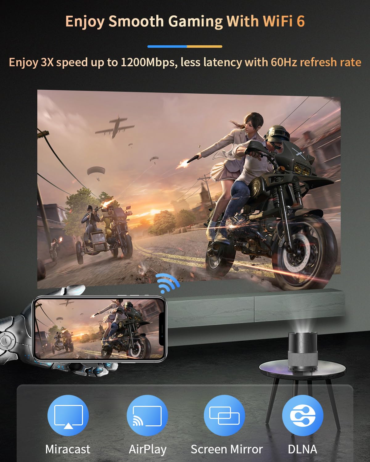 Mini Projector Portable 4K with Bluetooth Speaker, WiFi Projector for iPhone iPad Wireless Screen Casting, Home Theater Portable Projector for Camping Gaming Movie Compatible with Smartphone Laptop DV
