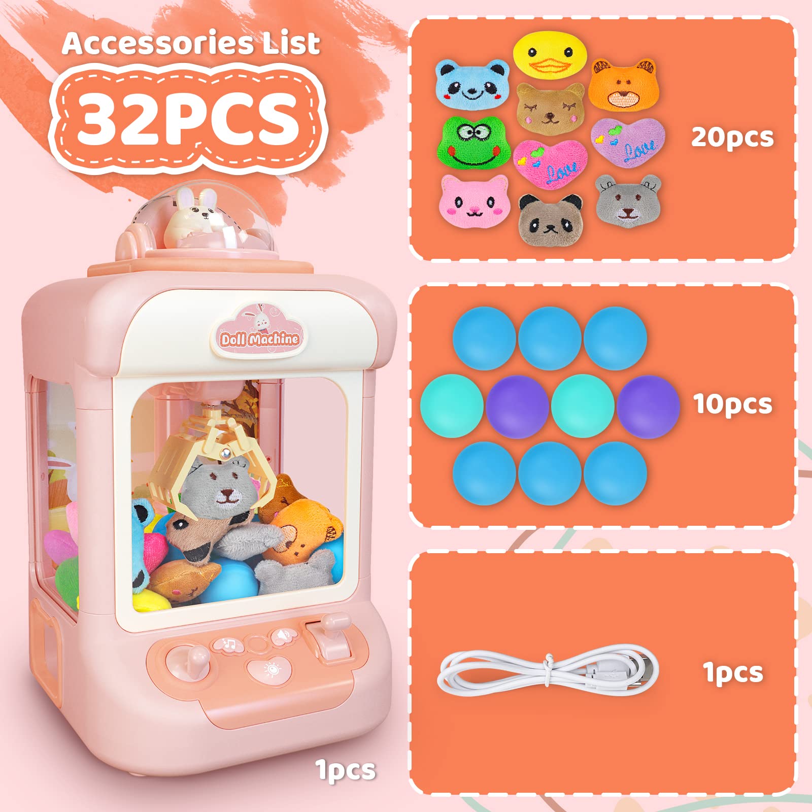 deAO Kids Claw Machine with Music, Mini Vending Machine with 20 Plush Toys,10 Gashapons,Mini Claw Machine Crane Game Toys Candy Machine for 3+ Kids Girls Boys