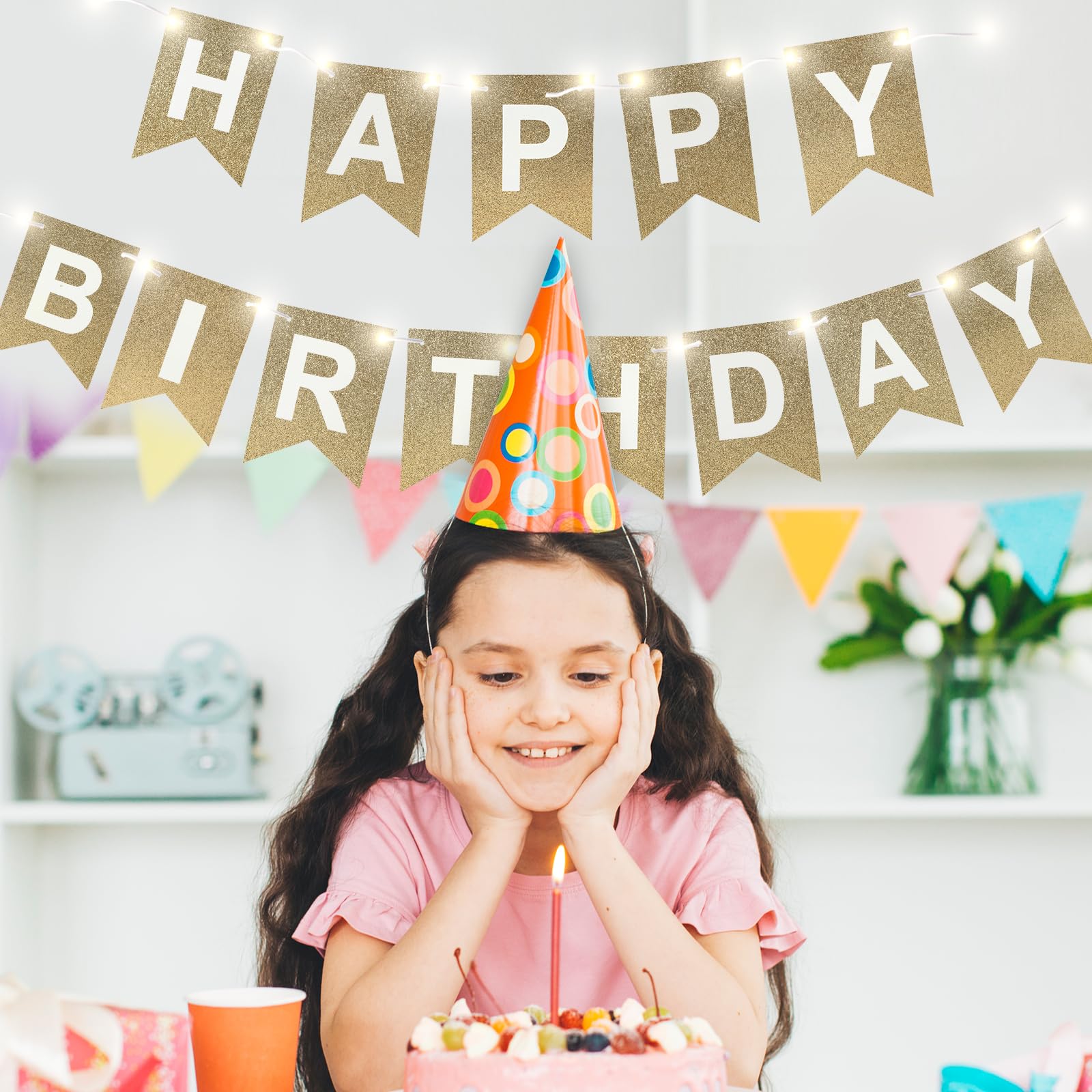 RUBFAC Pre-Strung Happy Birthday Banner - NO DIY - Gold Glitter Birthday Party Banner with 2pcs Fairy Lights for Birthday Party Decorations, Rose Gold Happy Birthday Sign