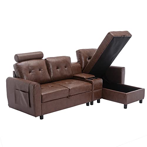 Olela L Shaped Couch, Faux Leather Modular Sectional Sofa Modern Convertible Storage Couches with Side Pocket Tufted Back for Living Room,Apartment (Brown PU)