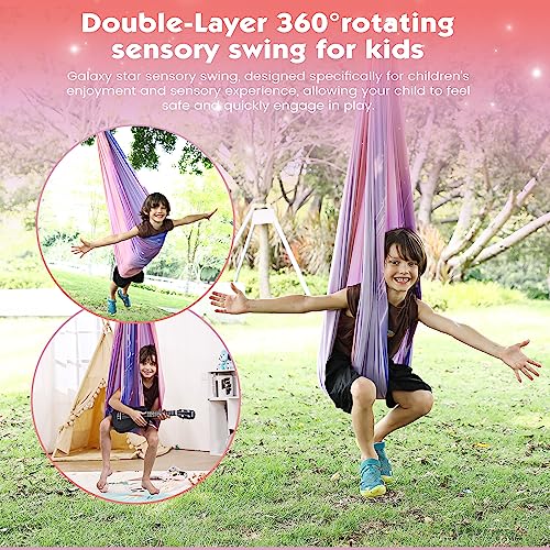 Sensory Swing Indoor/Outdoor for Kids & Adults with Cartoon Fabric, Double Layer, Holds 300 lbs (Pink) - 360 Swivel Ceiling Swing