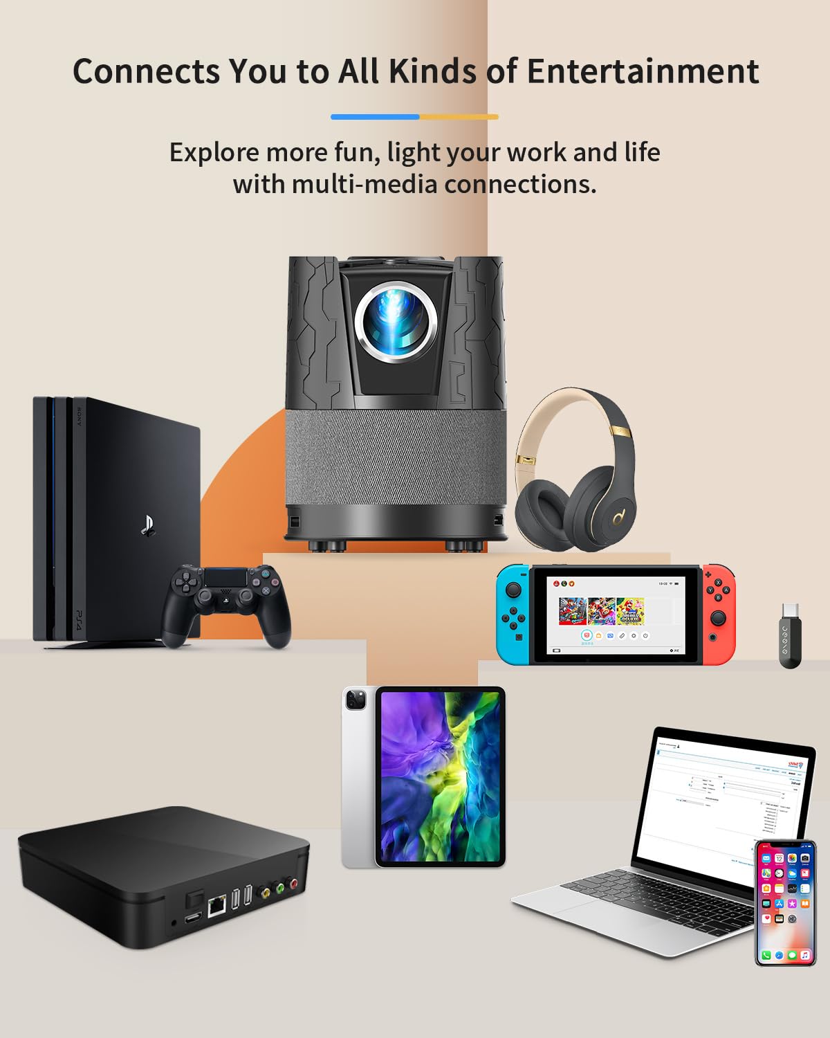 Mini Projector Portable 4K with Bluetooth Speaker, WiFi Projector for iPhone iPad Wireless Screen Casting, Home Theater Portable Projector for Camping Gaming Movie Compatible with Smartphone Laptop DV