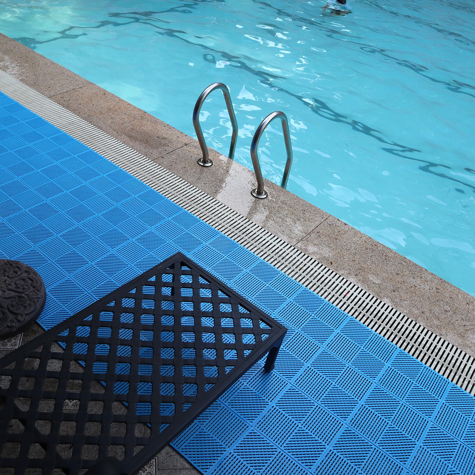 wiiiw 9 Pack Interlocking Rubber Floor Tiles Soft Non-Slip Outdoor Shower Mat with Drainage Holes for Slippery Areas, 12"×12" Blue