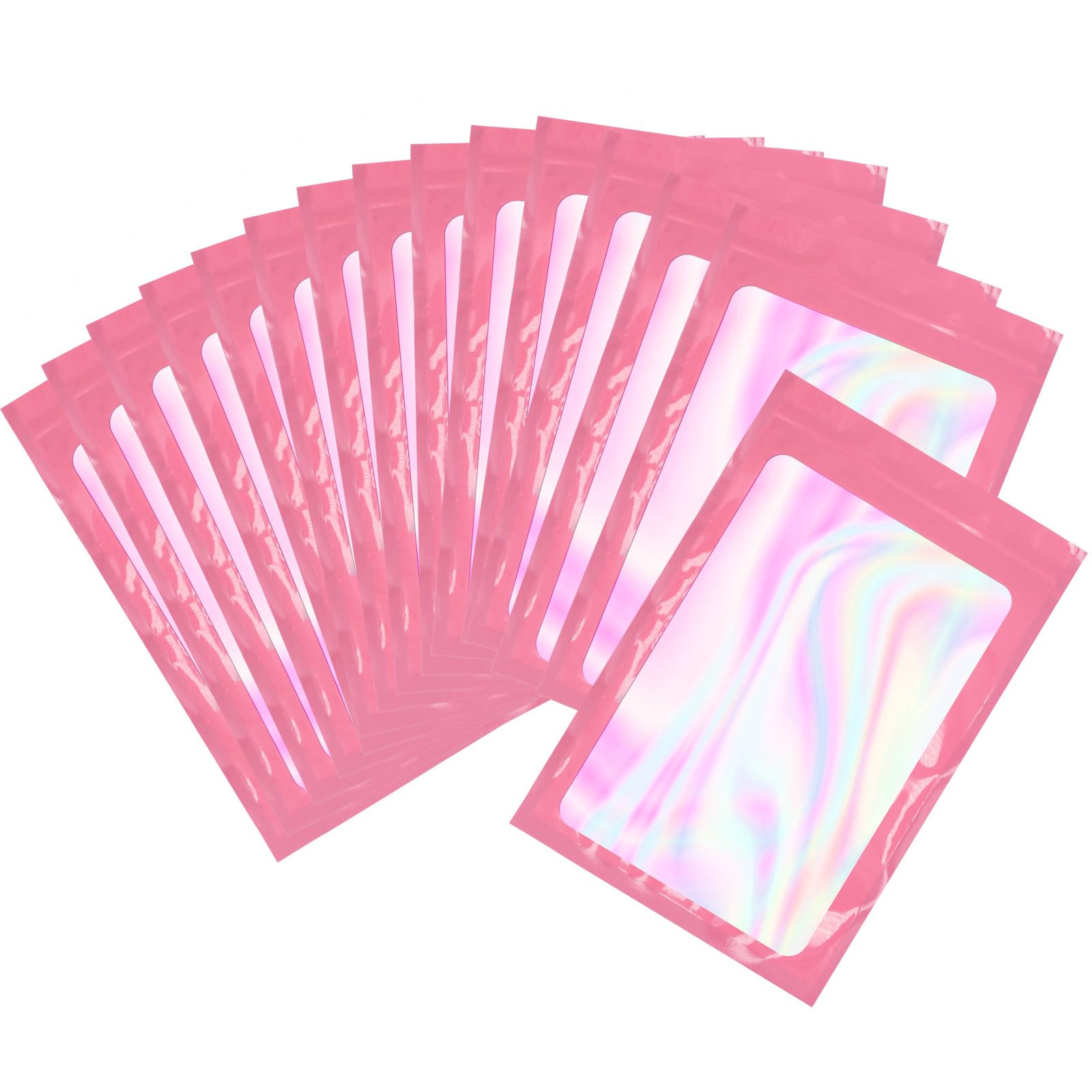 100PCS Smell Proof Mylar Bags Holographic Packaging Pouch Bag with Clear Window,3x4inch Resealable Ziplock Foil Pouch Bags for Food Storage, Candy, Jewelry, Electronics Storage (Pink)