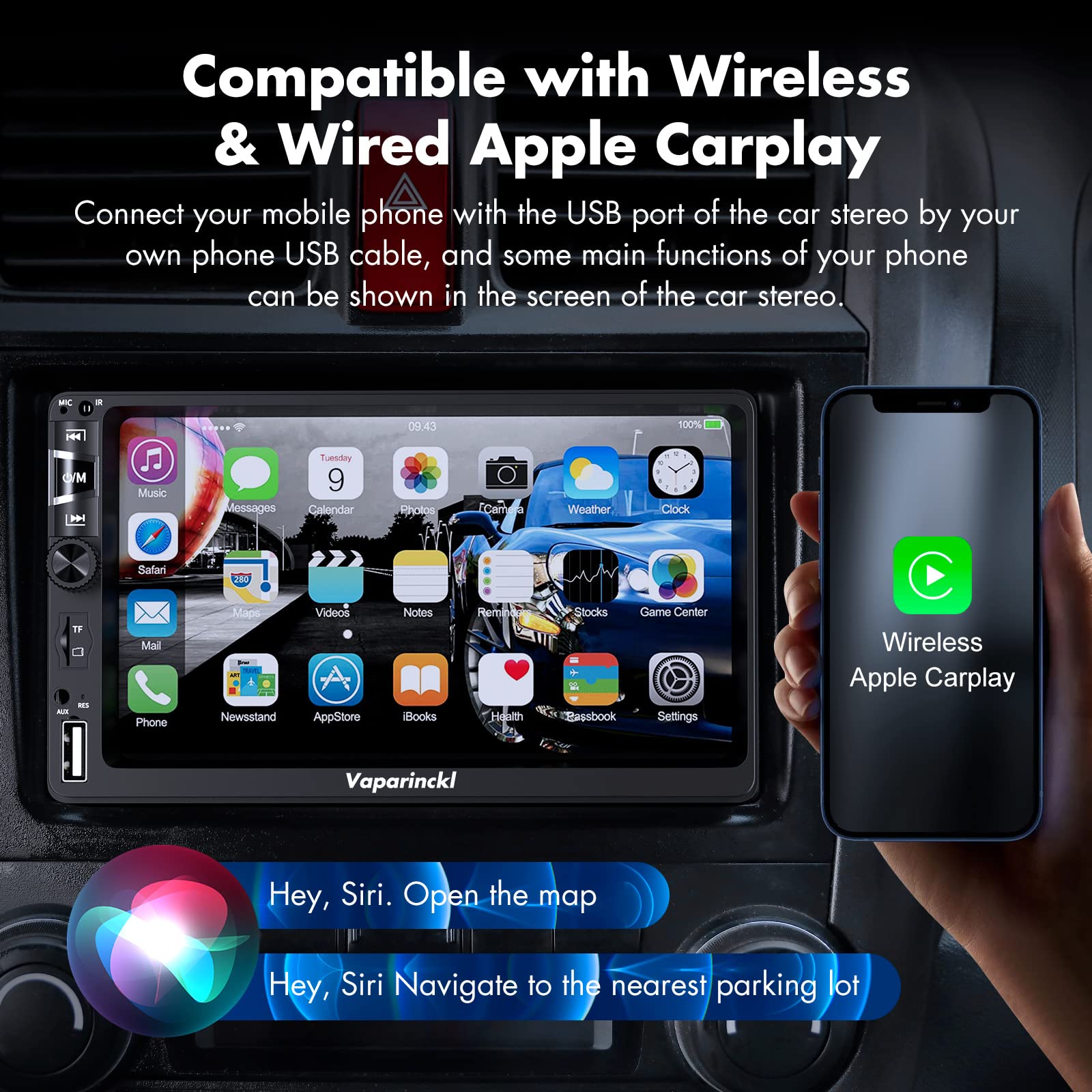 Vaparinckl Double Din Car Stereo with Wireless Apple CarPlay and Android Auto, 7-Inch FHD Touchscreen Car Audio Receiver with Voice Control, Bluetooth, FM, Subwoofer, Backup Camera, USB/TF/AUX Port