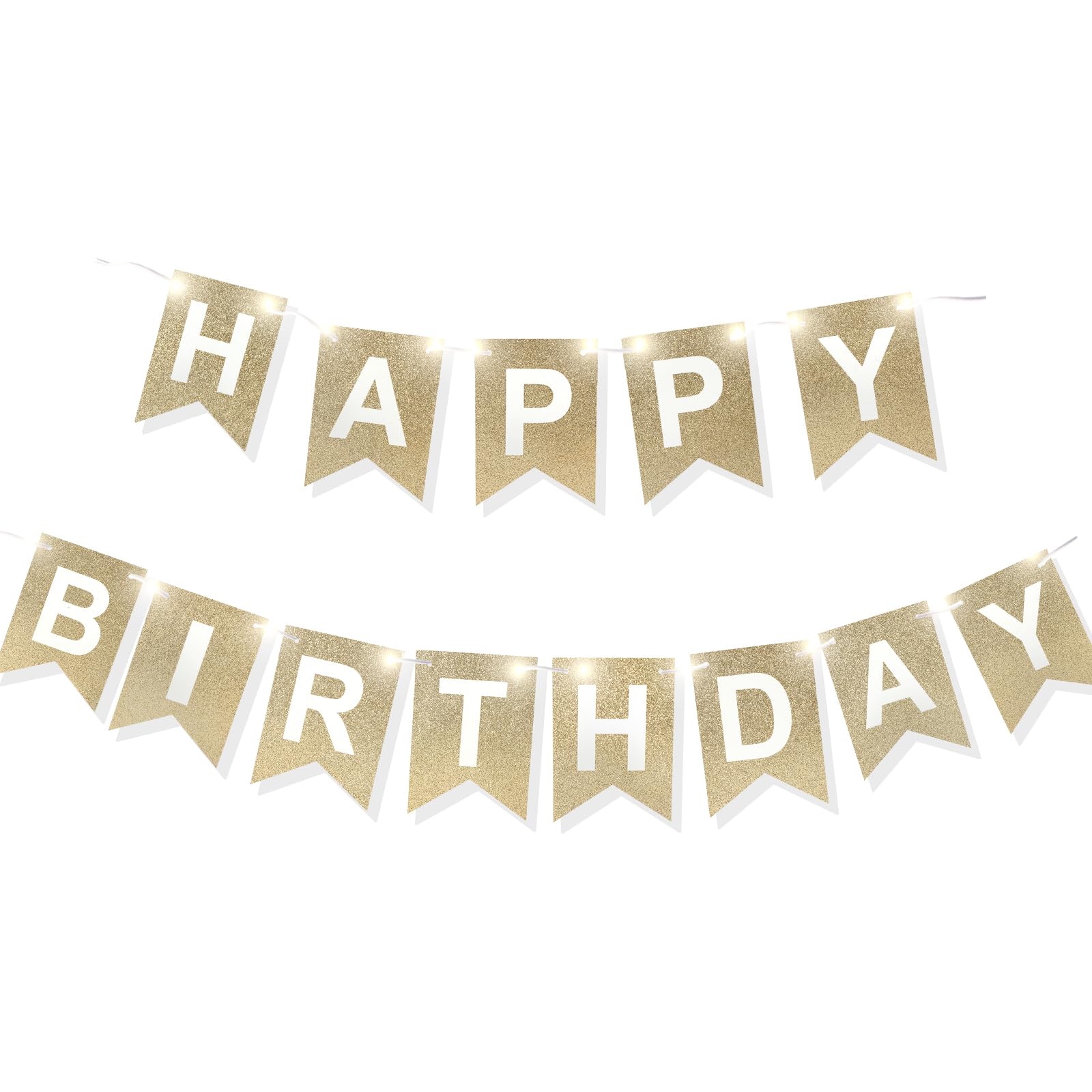 RUBFAC Pre-Strung Happy Birthday Banner - NO DIY - Gold Glitter Birthday Party Banner with 2pcs Fairy Lights for Birthday Party Decorations, Rose Gold Happy Birthday Sign