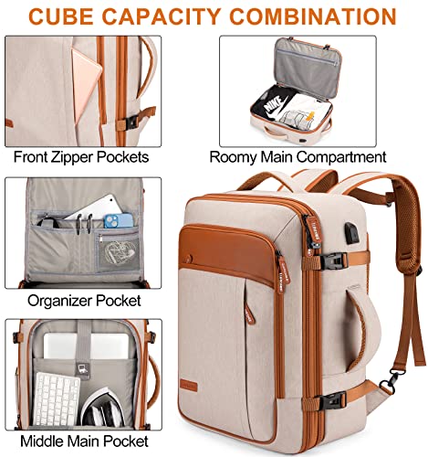 Lumesner Carry on Backpack, Extra Large 40L Flight Approved Travel Backpack for Men & Women,Expandable Large Suitcase Backpacks With 4 Packing Cubes,Water Resistant Luggage Daypack Weekender Bag,Beige