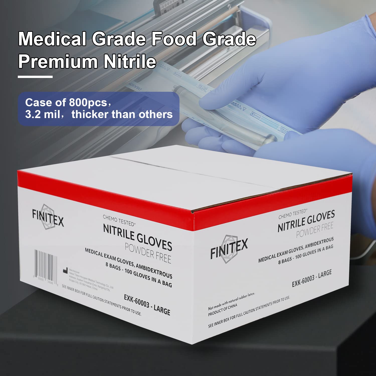 FINITEX Nitrile Disposable Medical Exam Gloves Ice Blue 3.2 mil 800 PCS Dust-Less Latex-Free Vacuum Bag Examination Food Gloves (Large)