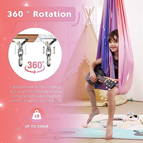 Sensory Swing Indoor/Outdoor for Kids & Adults with Cartoon Fabric, Double Layer, Holds 300 lbs (Pink) - 360 Swivel Ceiling Swing