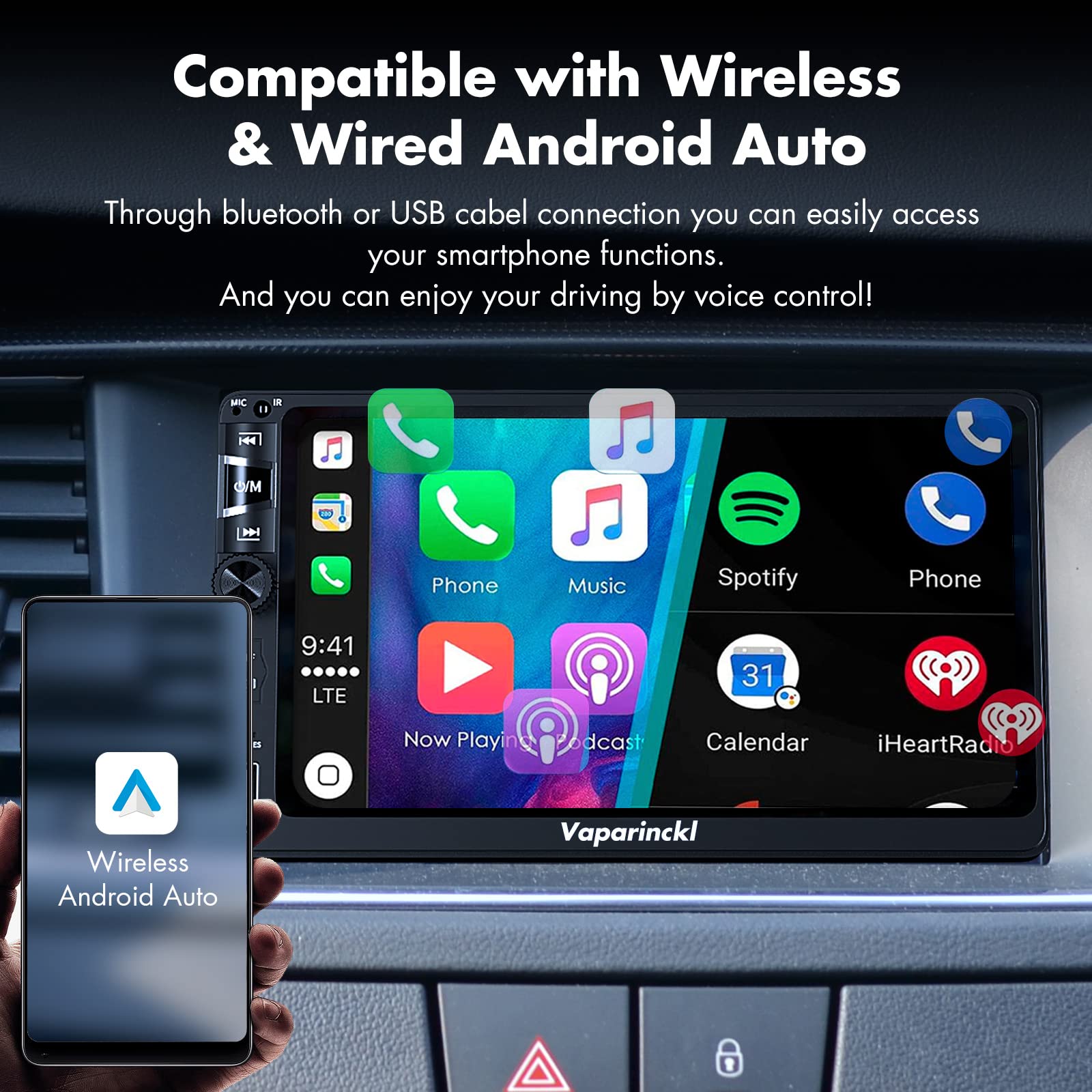 Vaparinckl Double Din Car Stereo with Wireless Apple CarPlay and Android Auto, 7-Inch FHD Touchscreen Car Audio Receiver with Voice Control, Bluetooth, FM, Subwoofer, Backup Camera, USB/TF/AUX Port