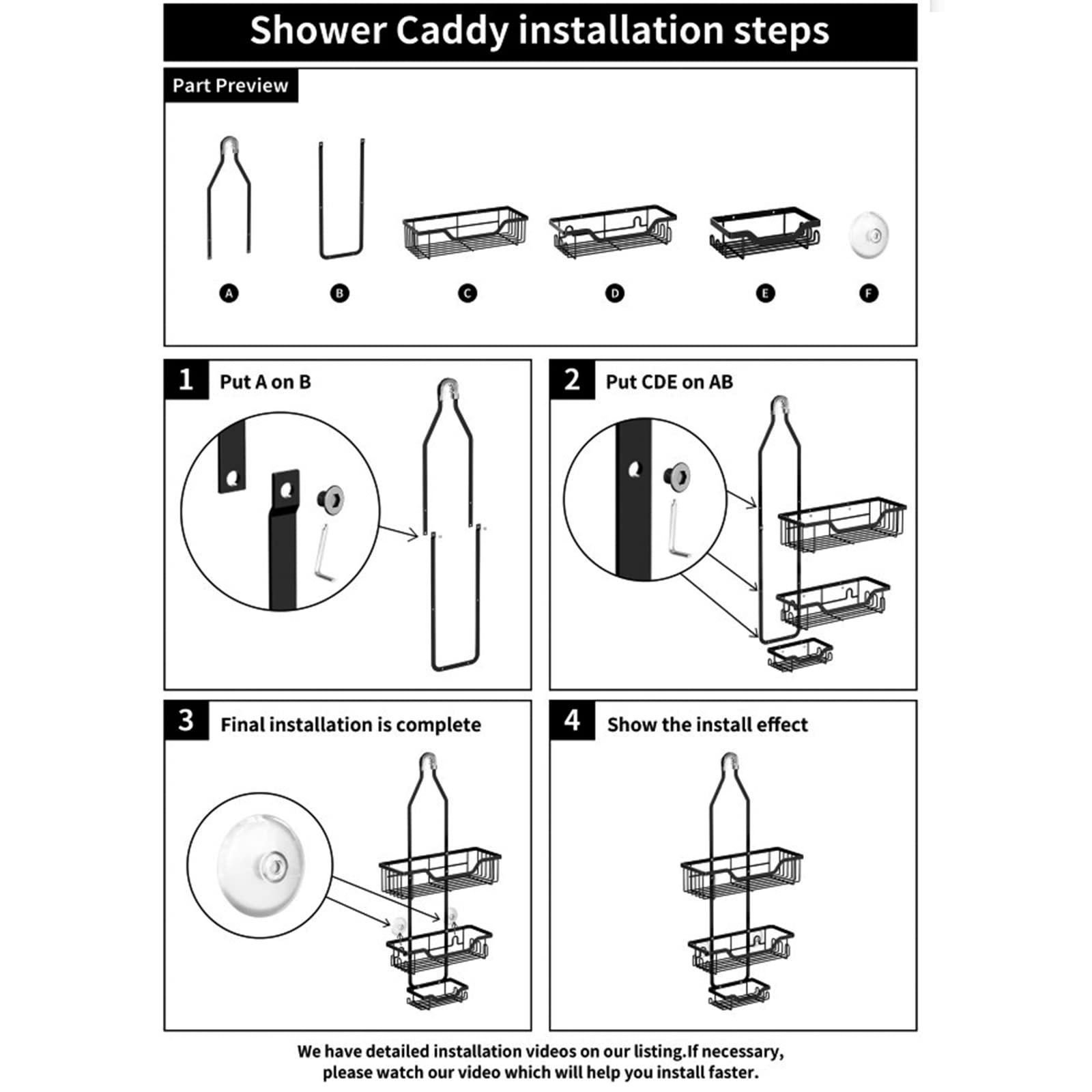 YCOCO Hanging Shower Caddy,Shower Caddy Over Shower Head,Rustproof Shower Organizer with Hooks for Razor and Soap Holder,Bathroom Shower Shelf,Black