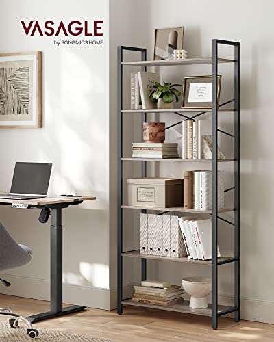 VASAGLE 6-Tier Tall Bookshelf, Large Bookcase with Steel Frame, Deep Book Shelf for Living Room, Home Office, Study, 11.8 x 31.5 x 73.2 Inches, Industrial Style, Greige and Black ULLS082B02