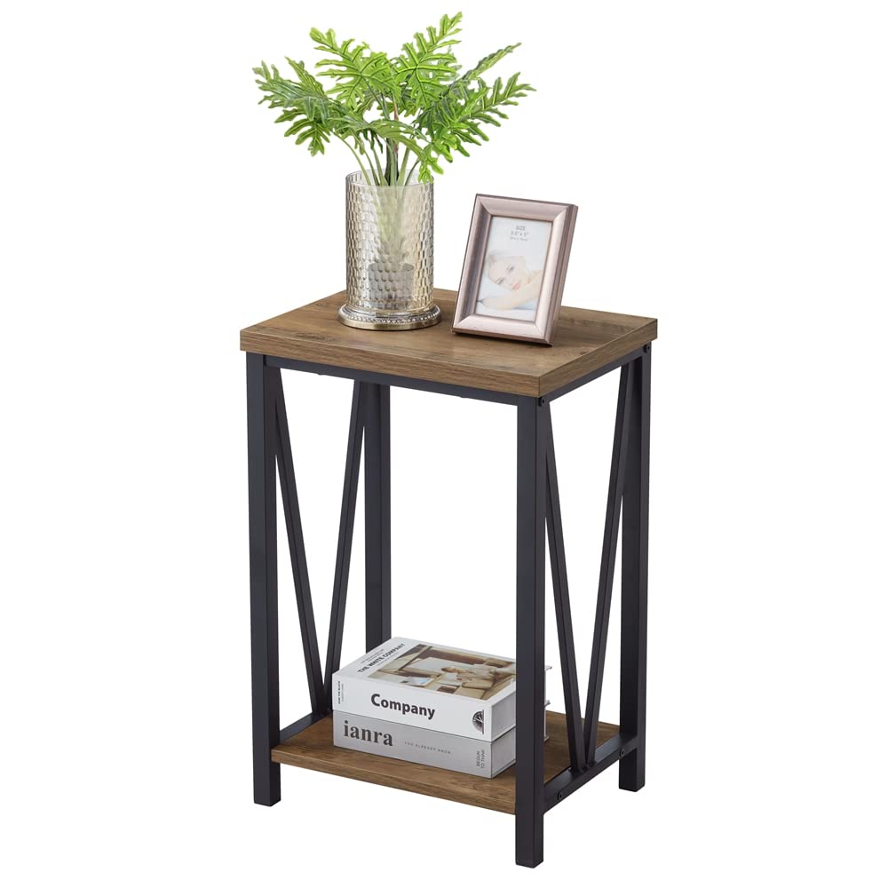 FOLUBAN Side Table with Storage Shelf, Rustic End Table for Living Room, Wood and Metal Nightstand for Bedroom, Oak