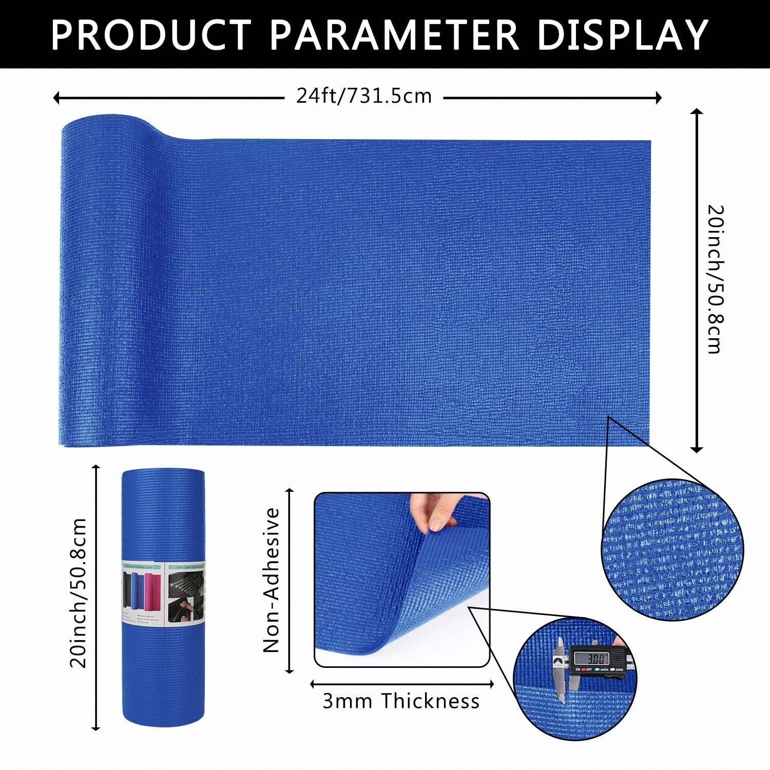 Foam Toolbox Liner Drawer Mat 1/8 Inch Thick X 20 Inch Wide X 24 Ft Long Blue, No Slip for Protecting Cabinet, Garage, Cart, Tool Box