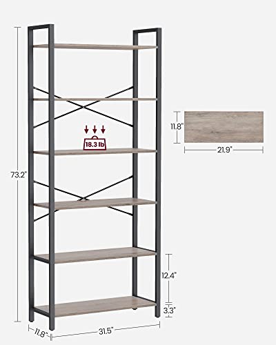 VASAGLE 6-Tier Tall Bookshelf, Large Bookcase with Steel Frame, Deep Book Shelf for Living Room, Home Office, Study, 11.8 x 31.5 x 73.2 Inches, Industrial Style, Greige and Black ULLS082B02