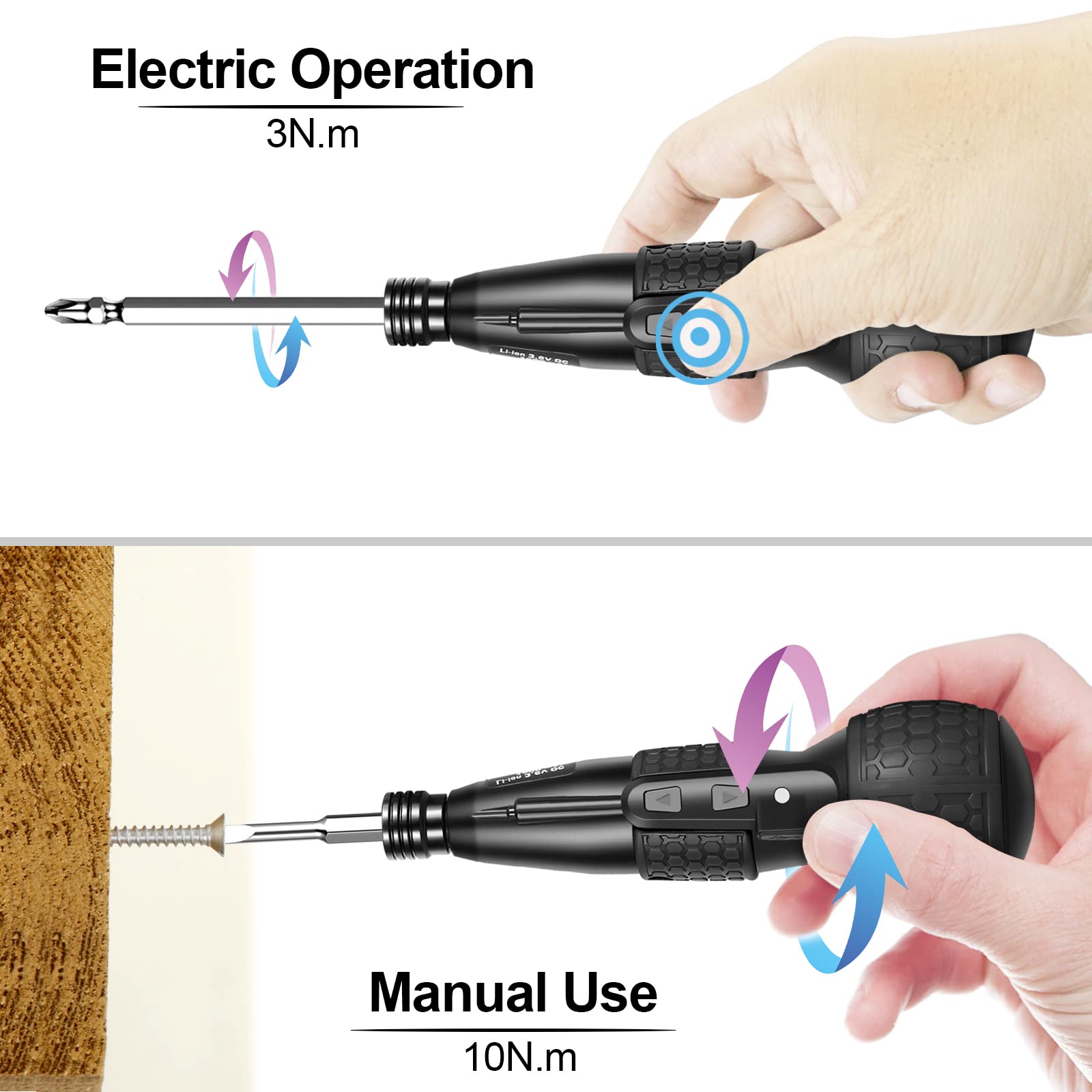 ERAVOR 3.6V Cordless Electric Screwdriver, Rechargeable Power Screwdrivers, Automatic Home Repair Tool with Non-slip handle & LED light, Includes 5pcs Bit, 1800mAh USB Rechargeable Battery - Black