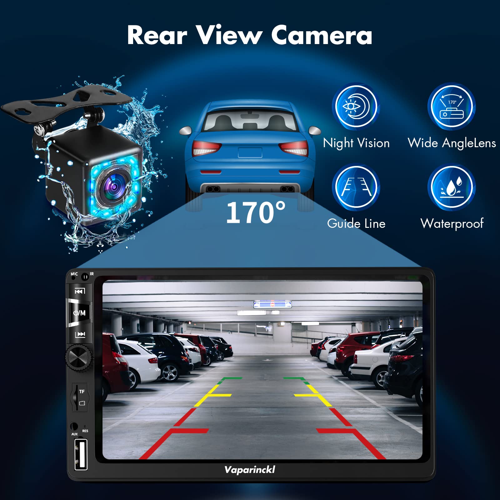 Vaparinckl Double Din Car Stereo with Wireless Apple CarPlay and Android Auto, 7-Inch FHD Touchscreen Car Audio Receiver with Voice Control, Bluetooth, FM, Subwoofer, Backup Camera, USB/TF/AUX Port