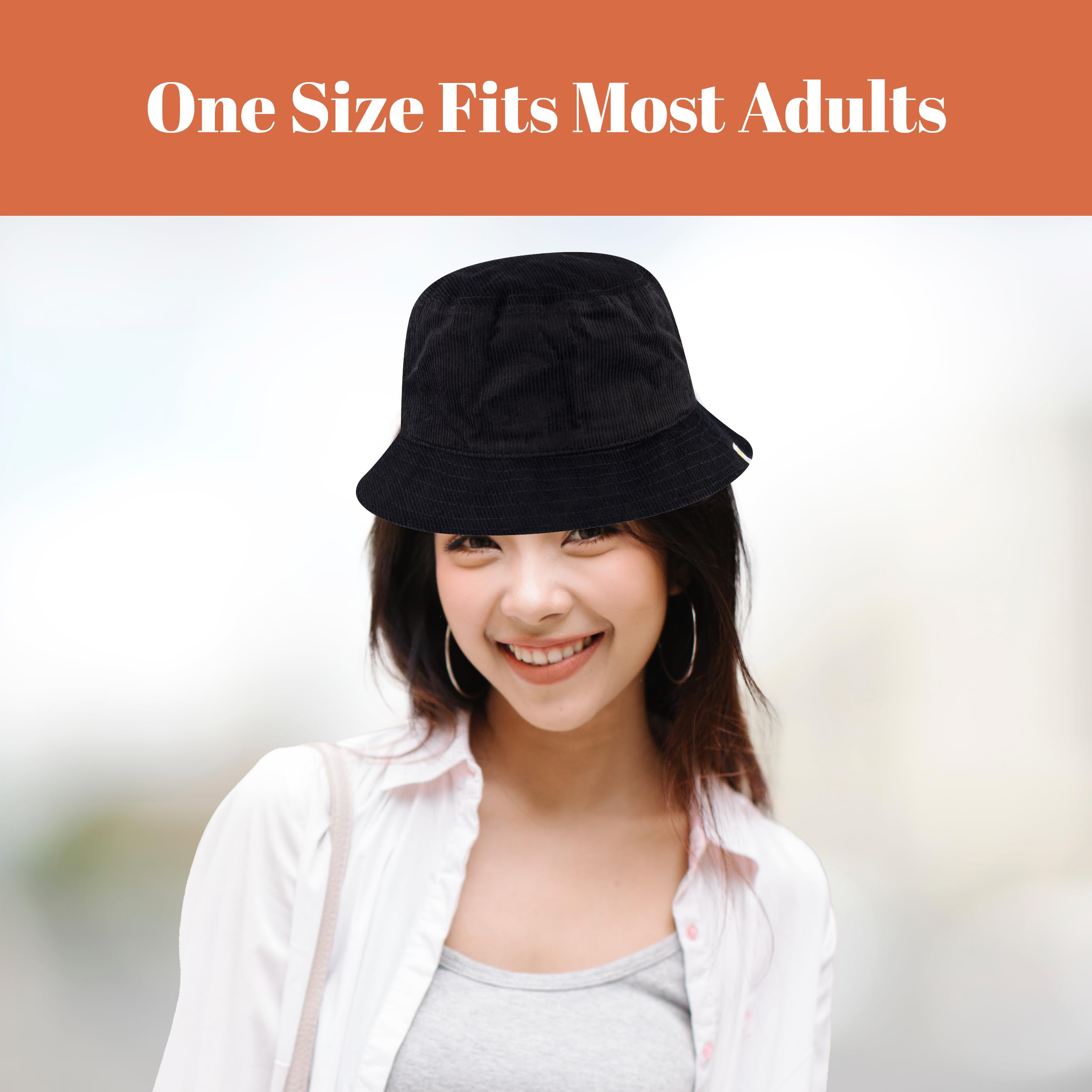 C & C California Bucket Hat, Corduroy Cotton Packable Travel Hat, Wide Brim Summer Hat, Black, One Size