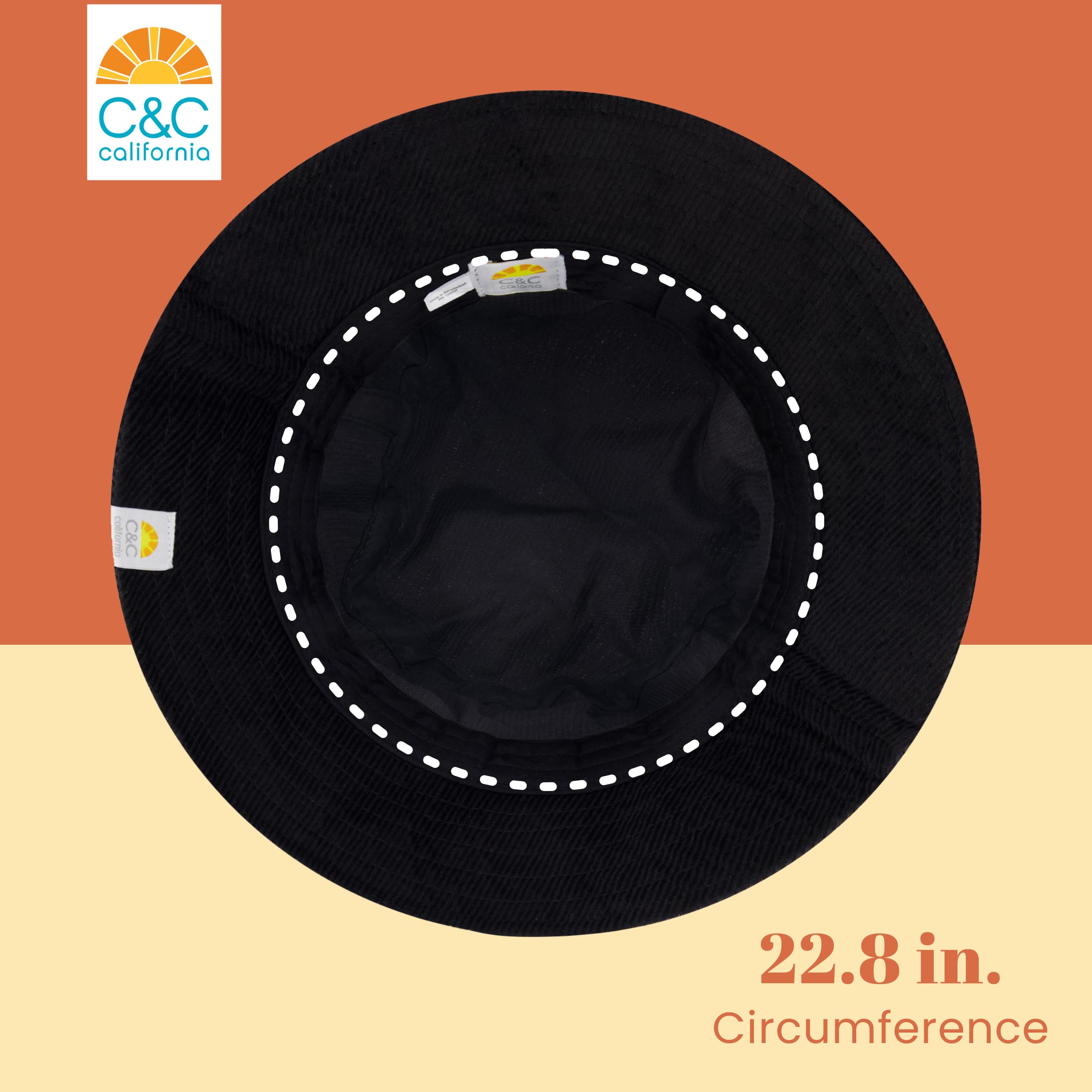 C & C California Bucket Hat, Corduroy Cotton Packable Travel Hat, Wide Brim Summer Hat, Black, One Size
