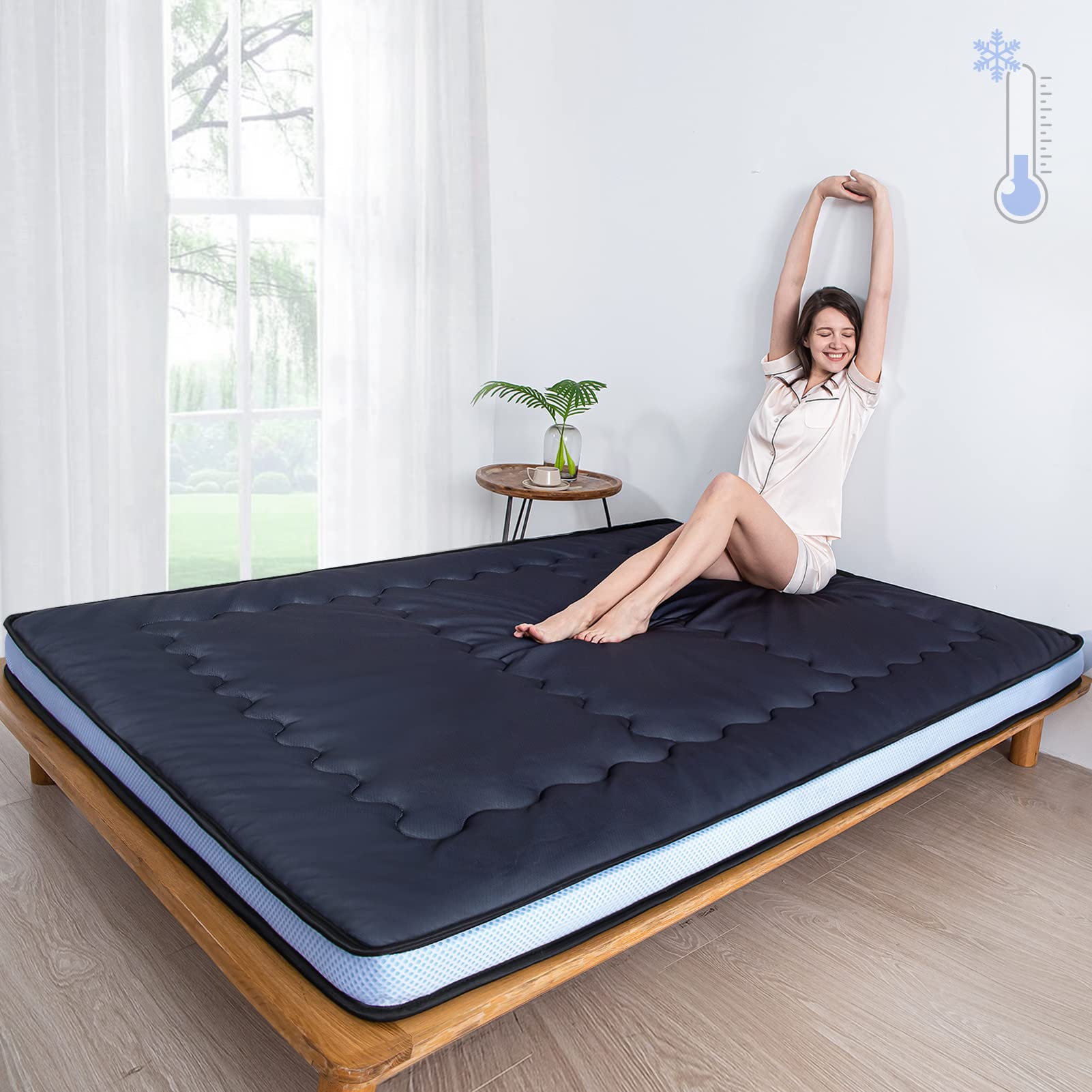 MAXYOYO Cooling Floor Mattress Japanese Futon Mattress for Hot Sleepers, Cooling Mattress Pad Portable Camping Mattress Roll Up Mattress for Summer, Breathable Mesh, Cool Sleep, Charcoal Black, Full