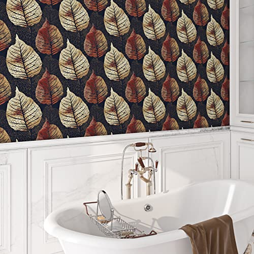 ReWallpaper 17.5in×23ft Dark Leaf Wallpaper Peel and Stick Vintage Leaves Wallpaper Self Adhesive Gold Red Leaf Wall Paper Sticker Pull & Stick Waterproof Contact Paper for Cabinets Drawers Walls
