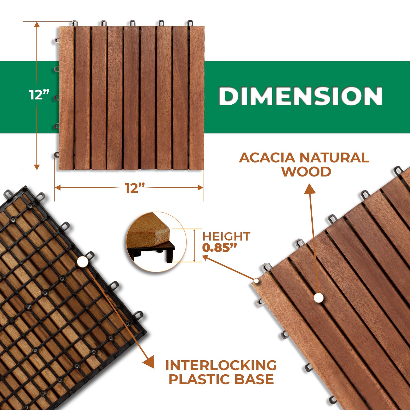 Solid Wood Interlocking Flooring Tiles (Pack of 10, 12" x 12"), Solid Wood Deck Tiles Interlocking, Patio Tiles Outdoor Interlocking Waterproof All Weather (12, 9 Slat)
