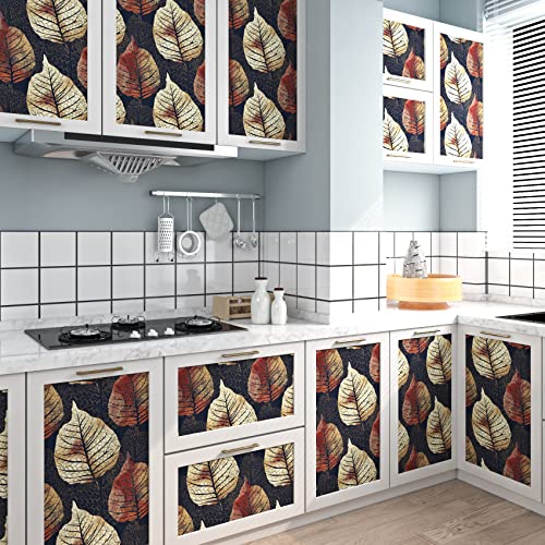 ReWallpaper 17.5in×23ft Dark Leaf Wallpaper Peel and Stick Vintage Leaves Wallpaper Self Adhesive Gold Red Leaf Wall Paper Sticker Pull & Stick Waterproof Contact Paper for Cabinets Drawers Walls