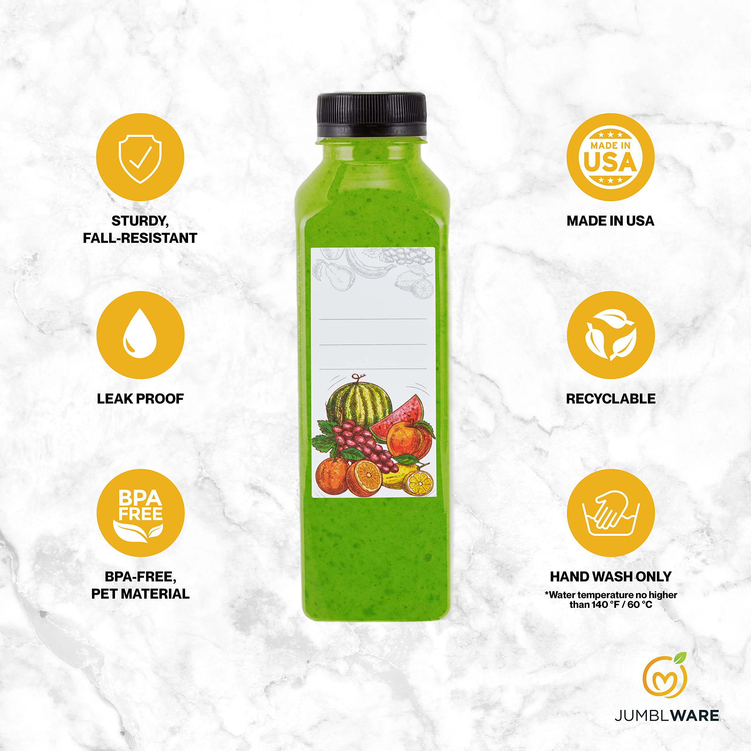 JumblWare Juice Bottles 20 Clear Plastic 16oz Reusable Bottles w/Funnel, Cleaning Brush, & Labels for Work, Gym, Home, & Catered Events Recyclable, Disposable, Shatterproof, BPA-Free Made in USA