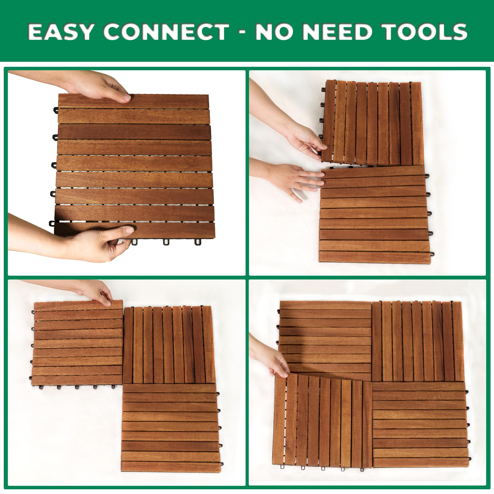 Solid Wood Interlocking Flooring Tiles (Pack of 10, 12" x 12"), Solid Wood Deck Tiles Interlocking, Patio Tiles Outdoor Interlocking Waterproof All Weather (12, 9 Slat)
