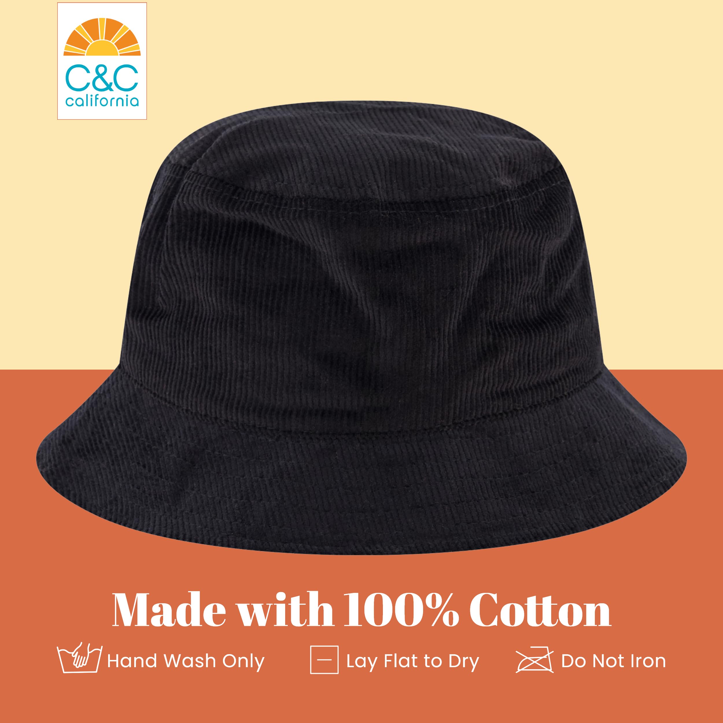 C & C California Bucket Hat, Corduroy Cotton Packable Travel Hat, Wide Brim Summer Hat, Black, One Size