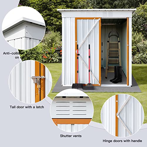 Ampela Outdoor Storage Shed with Singe Lockable Door,Outside Waterproof Galvanized Metal Shed with Air Vent Suitable for Backyard Garden,Tiny House Storage Sheds for Patio Lawn,5x3 FT,White+Orange