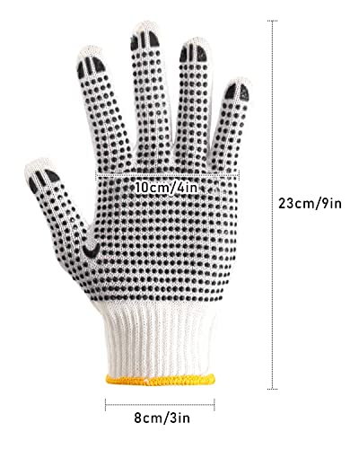 Meegoo Hand Working Gloves, 12 Pairs White Cotton Polyester Liners Gloves Safety Work Gloves for Men Women With Dots (Black, L)