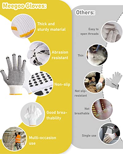 Meegoo Hand Working Gloves, 12 Pairs White Cotton Polyester Liners Gloves Safety Work Gloves for Men Women With Dots (Black, L)
